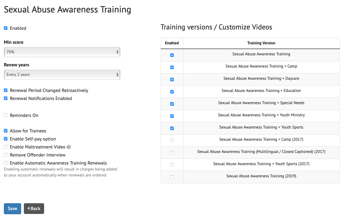 Awareness Training Versions and Settings – Ministry Safe